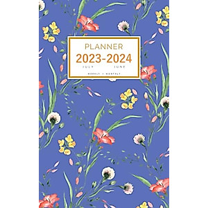 Planner July 2023-2024 June: 5x8 Weekly and Monthly Organizer Small | Watercolor Natural Wildflower Design Blue