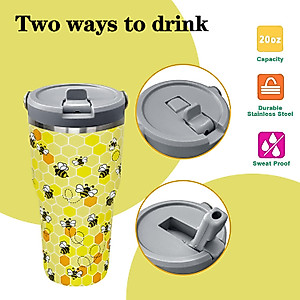 Hachishun Bee Tumbler with Handle Stainless Steel Vacuum Insulated Flip Straw- Honey Bee Gifts for Women Men - Yellow Bee Coffee Mug, Cup 20 Oz -Bee themed gifts, Bee keepers Gift