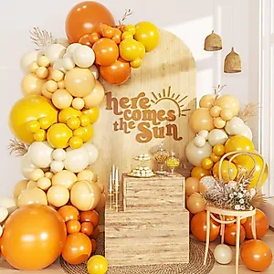 Here Comes The Sun Balloon Arch Kit 134Pcs Retro Beige Orange Yellow Balloons Here Comes the Son Baby Shower Boy Boho Sunshine Theme Birthday Party Decorations