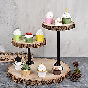 Efavormart 14" Tall | 3 Tier Rustic Wood Slice Cupcake Stand, Natural Wooden Cake Stand Dessert Display with Metal Poles