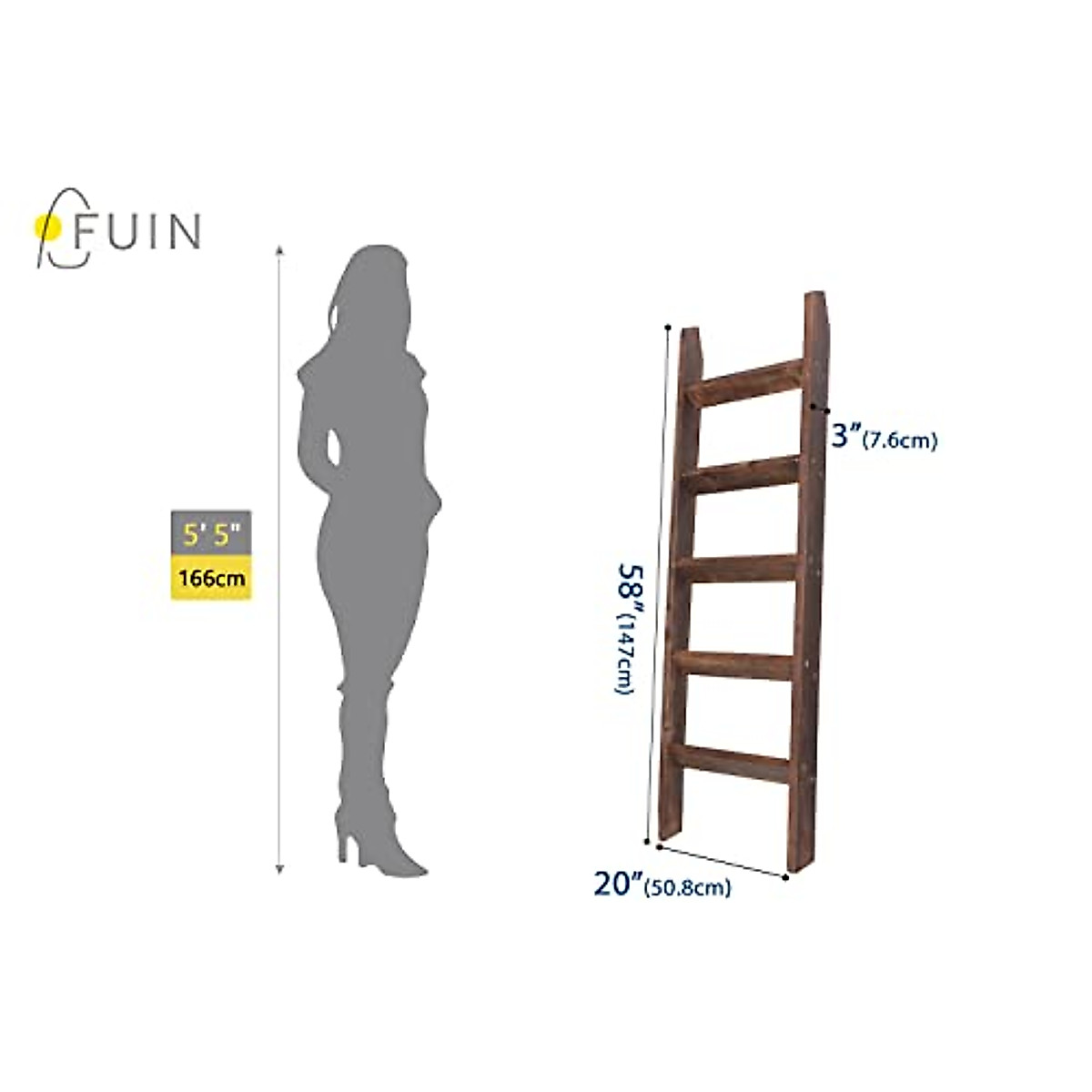 FUIN 5 Ft (58") Wood Decorative Wall Leaning Blanket Ladders Bathroom Storage Quilt Towel Display Rack Shelf Holder Rustic Farmhouse, Brown