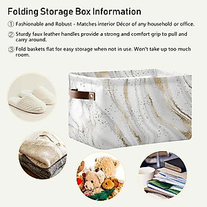 MNSRUU Storage Basket White Gold Marble Collapsible Organizer Basket with PU Handles, Waterproof Nursery Storage Bin，2 Pack