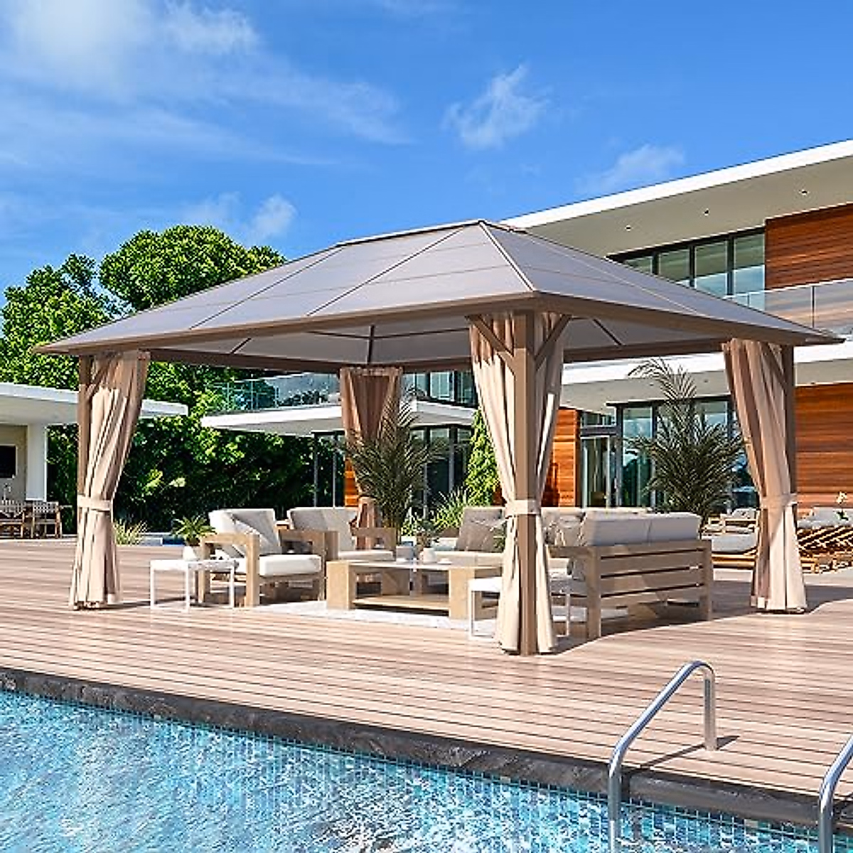 YOLENY 12'x16' Hardtop Gazebo, Outdoor Polycarbonate Roof Canopy, Aluminum Frame Permanent Pavilion with Curtains and Netting, Sunshade for Garden, Patio, Lawns