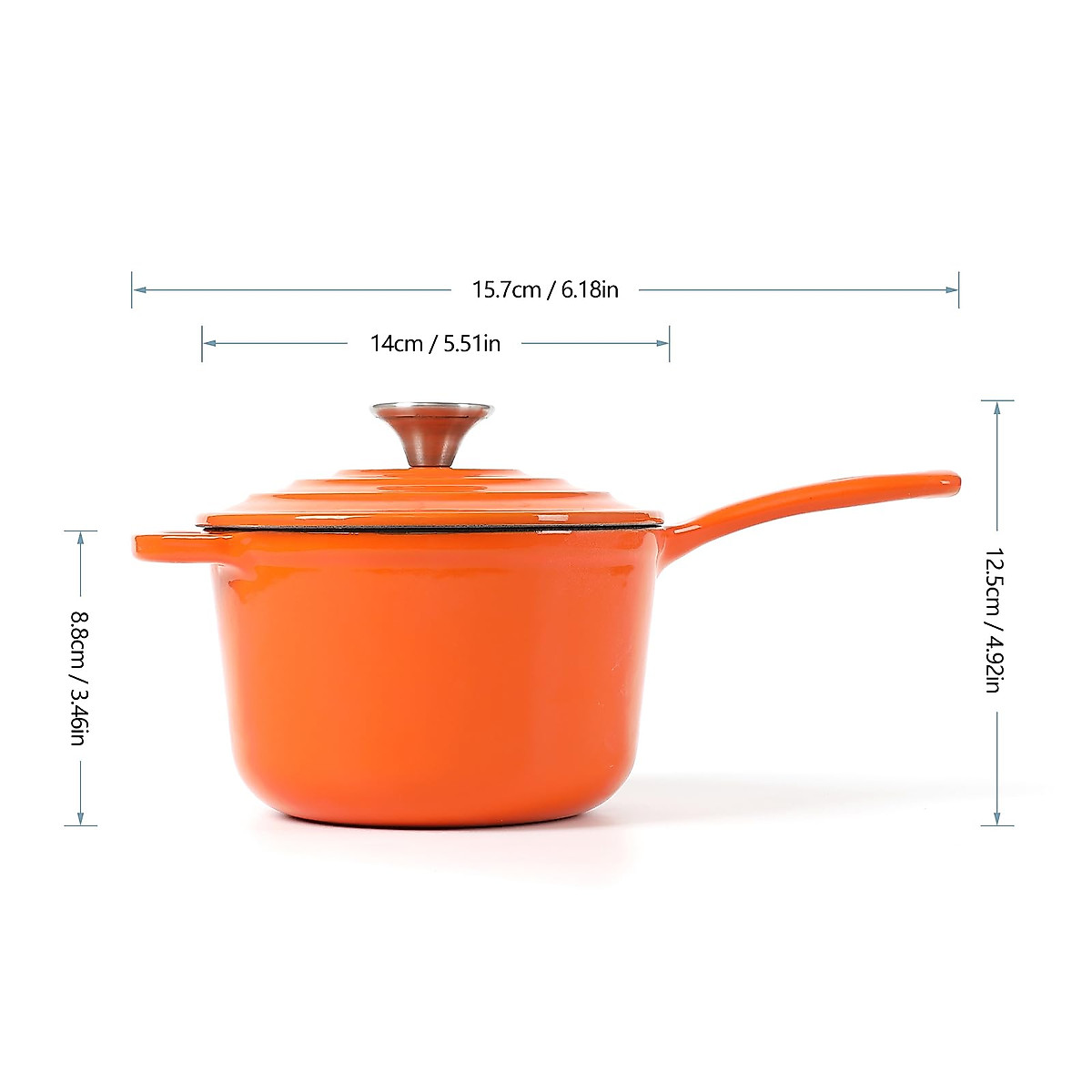 HAWOK Enameled Cast Iron Mini Saucepan, 1QT Saucepan with Lid and Long Handle, Orange