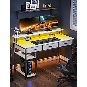 Rolanstar Computer Desk with Power Outlets & LED Light, 55 inch Home Office Desk with Drawers and Storage Shelves, Writing Desk with Monitor Stand, Modern Work Study Desk for Home Office, White
