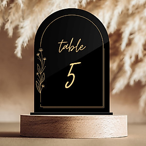 1-10 Black Arched Acrylic Wedding Table Numbers, Gold Print Acrylic Table Numbers for Wedding Reception with Head and Gift Table Number, Floral Gold Table Numbers, Gold Floral Design Table Numbers