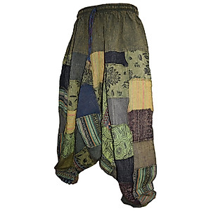Mens Patchwork Stone Washed Yoga Bohemian Baggy Printed Harem Pants Green LXL