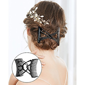 MAORULU 4 Pieces Magic Hair Combs for Women Accessories, Adjustable Elastic Hair Comb Clips for Thick Curly Thin Hair (Coffee and Black)