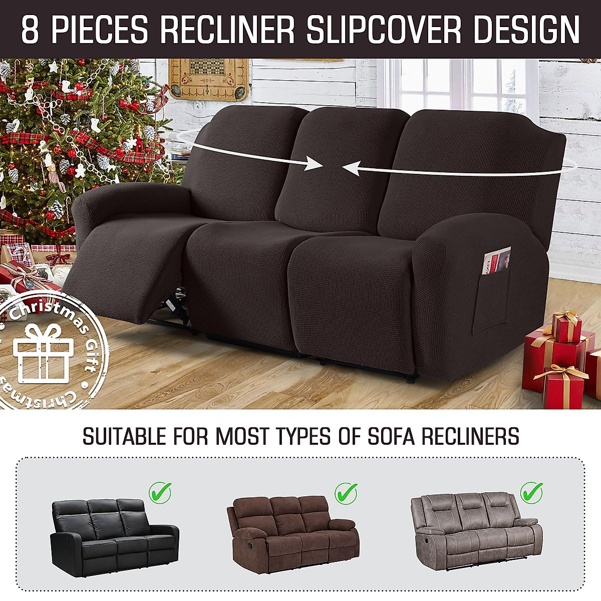 TAOCOCO Recliner Couch Covers for 3 Seat, 8-Pieces Stretch Large Couch Covers for 3 Seats Reclining Slipcovers Soft Jacquard Pattern Furniture Protector, Chocolate