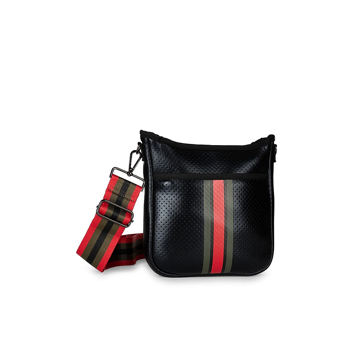 Haute Shore - Jeri Bello Crossbody Tote, Black Coated W/Olive, Black, & Red Stripe
