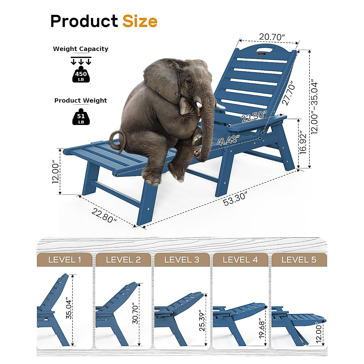 Ciokea Chaise Lounge Chair Outdoor with Wood Texture, Adjustable 5-Position Chaise Lounge Outdoor, Patio Lounge Chair for Poolside Backyard, Azure Blue