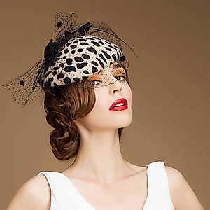 F FADVES 100% Australian Wool Pillbox Hat Black Veil Fedora Lepoard Print Fascinator