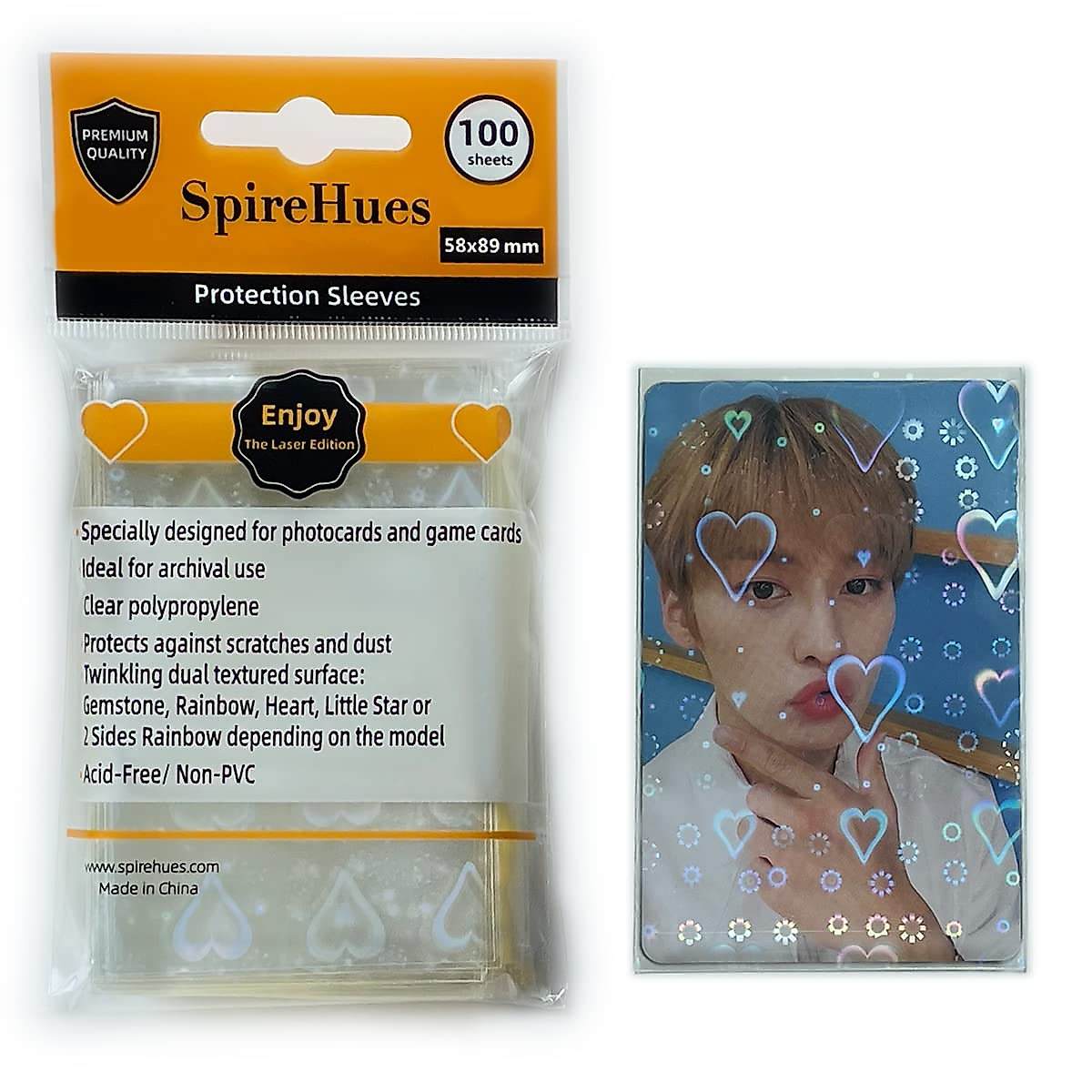 SpireHues Kpop Holographic Photocard Sleeves - 100 Pack with Heart Design, Twinkling Laser Flashing Design. Protect Your Kpop Photocard, Heart, 58x89