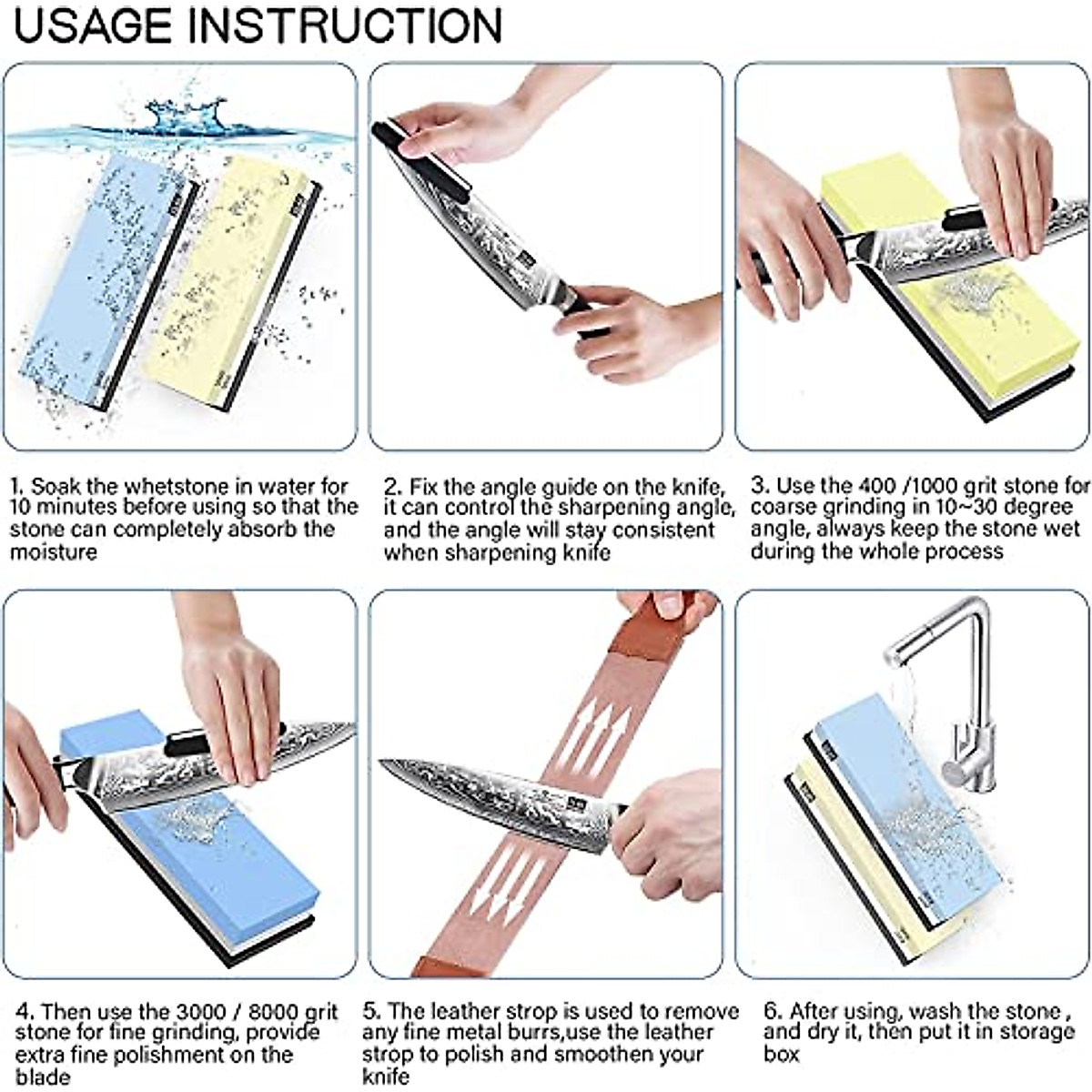 Sharpening Stone Set with Wood Storage Box, SHAN ZU Whetstone Dual Grit 400/1000 & 3000/8000 Knife Sharpener Stone Includes Non-Slip Rubber Strip & Flattening Stone & Angle Guide & Leather Razor Strop