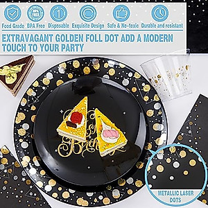Nervure 175PCS Happy Birthday Plates - Black Plastic Plates with Gold & Silver Dot Include 25 Dinner Plates, 25 Dessert Plates, 75 Plastic Silverware, 25 Cups, 25 Napkins for Birthday & Party