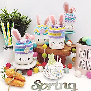 Vansolinne Easter Marshmallow Mug Hats Strip and Wavy Bunnies Crochet Ceramic Cup Toppers Mini Rabbit Mug Hat Cover Spring Kitchen Tiered Tray Decoration Baubles Eggs Holiday Celebration Decor 4PCS