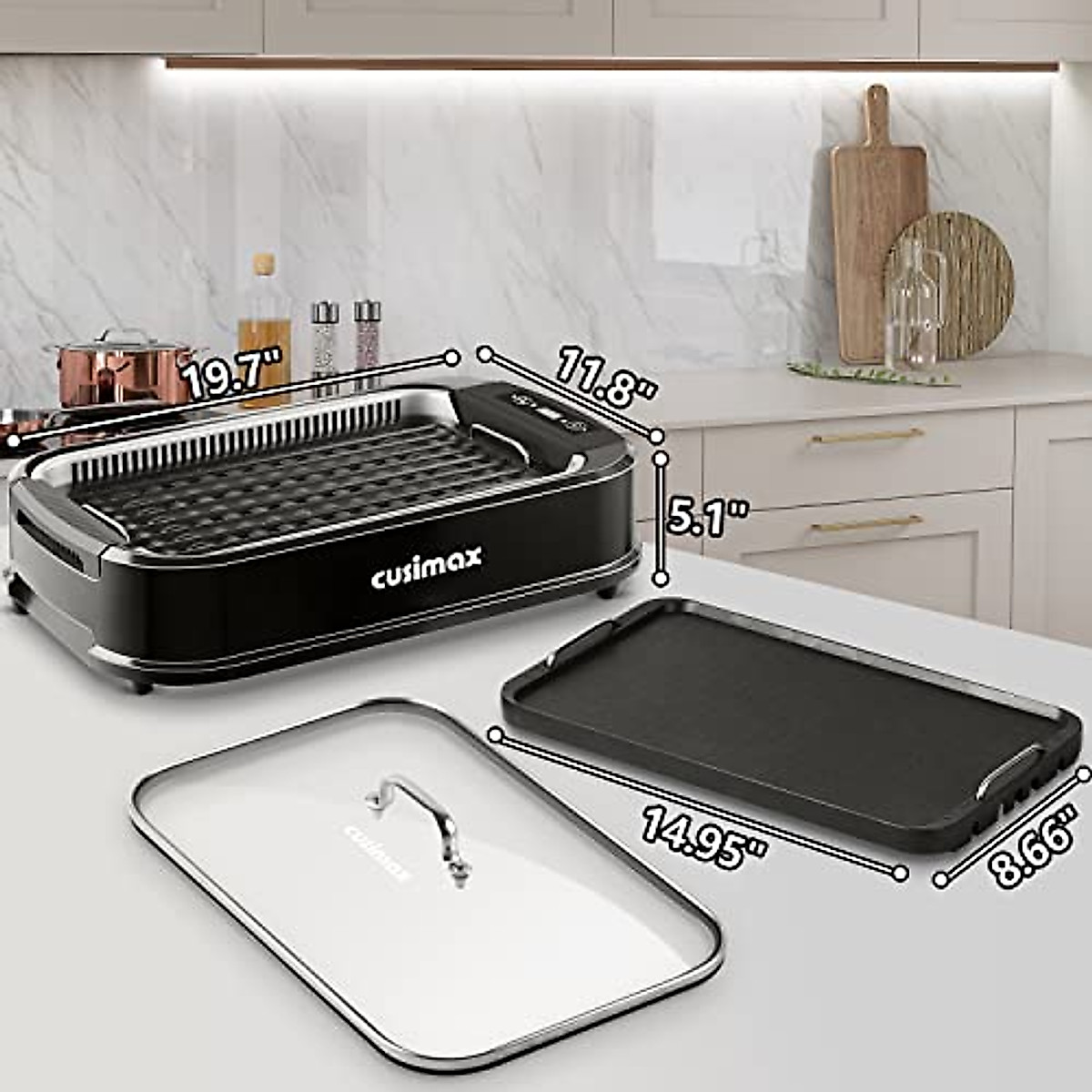 CUSIMAX Indoor Grill, Smokeless Grill Indoor, 1500W Korean BBQ Grill, Electric Grill Griddle with LED Smart Display & Tempered Glass Lid, Non-stick Removable Grill Plate & Griddle Plate, Black