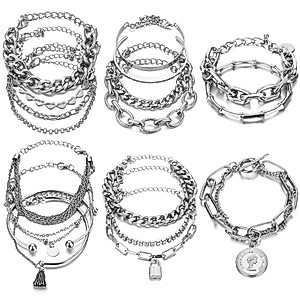 17IF 18 Pcs (6 Pack) Silver Bracelets Set for Women Boho Aesthetic Layered Stackable 14K Bangle Adjustable Cuff Grunge Italian Cuban Charm Chunky Simple Layering Bracelet Jewelry