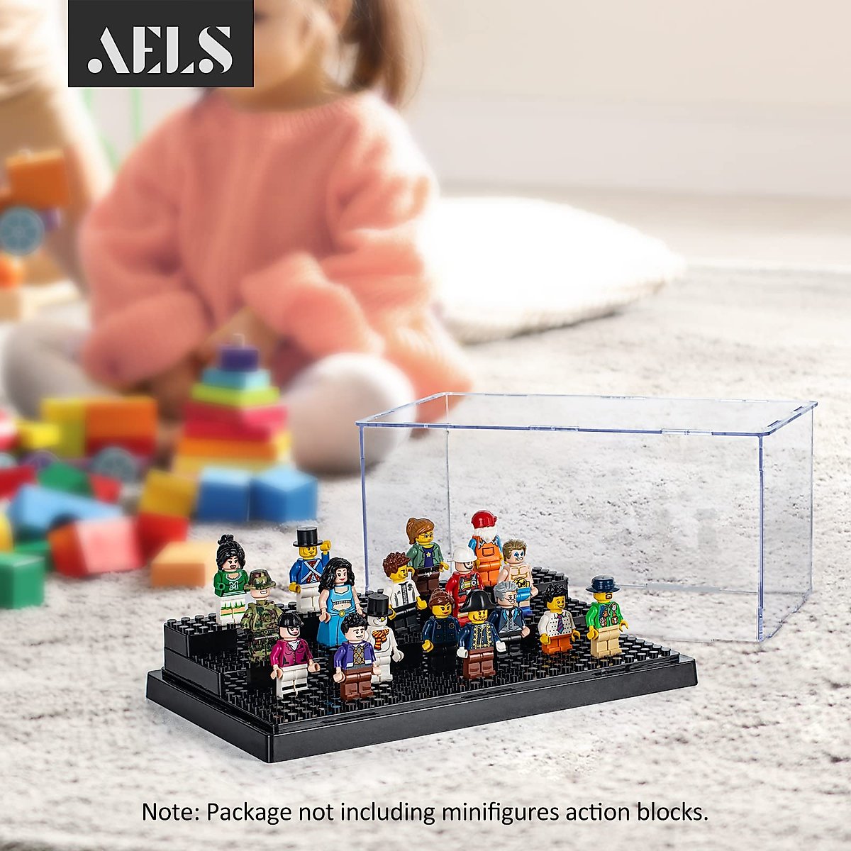 AELS 3-Level Acrylic Display Case, Dustproof Showcase for Collection Bricks Blocks Toys Models Minifigures Building, Clear, Removable, Black
