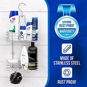 SKATCO Hanging Shower Caddy - 2-Tier Rust-Resistant Stainless Steel Shelves Chrome Rack Over Shower Head Organizer Bathroom Basket Storage Holds Shampoo, Conditioner, Soap, Bath Sponge, Razors