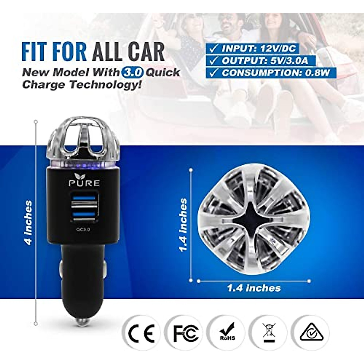 Car Air Purifier Premium Air Ionizer & Car Charger Accessory w/ Dual USB Ports - Quick Charge 3.0 - Eliminate Allergens Bad Odor Pet Smell Smoke Pollen Mold Bacteria Viruses PM2.5 & VOCs Deodorizer (Black)