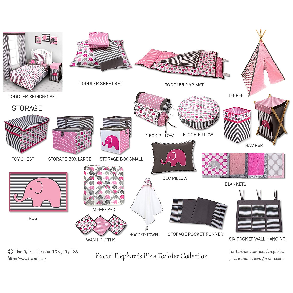 Bacati - Elephant Pink, Fuchsia, Grey 100% Cotton Girls Universal Baby Crib or Toddler Bed Fitted Sheet