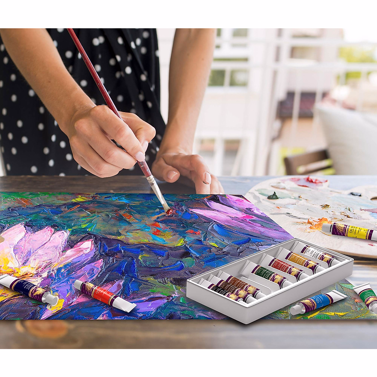 MyArtscape Oil Paint Set - 12 x 12ml Tubes - Lightfast - Heavy Body - Oil-based Vibrant Colors - High Pigment Load - Non-fading - Artist Quality Painting Supplies - Professional Craft Paints