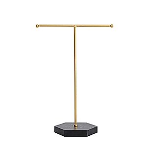 Jewelry Stand Display Necklace Holder T-Bar Plated Metal Tabletop Jewelry Organizer Tower for Show Jewelry Hanging Pendant Earring Bracelet Ring Accessorie with Black Marble Plywood Bases.
