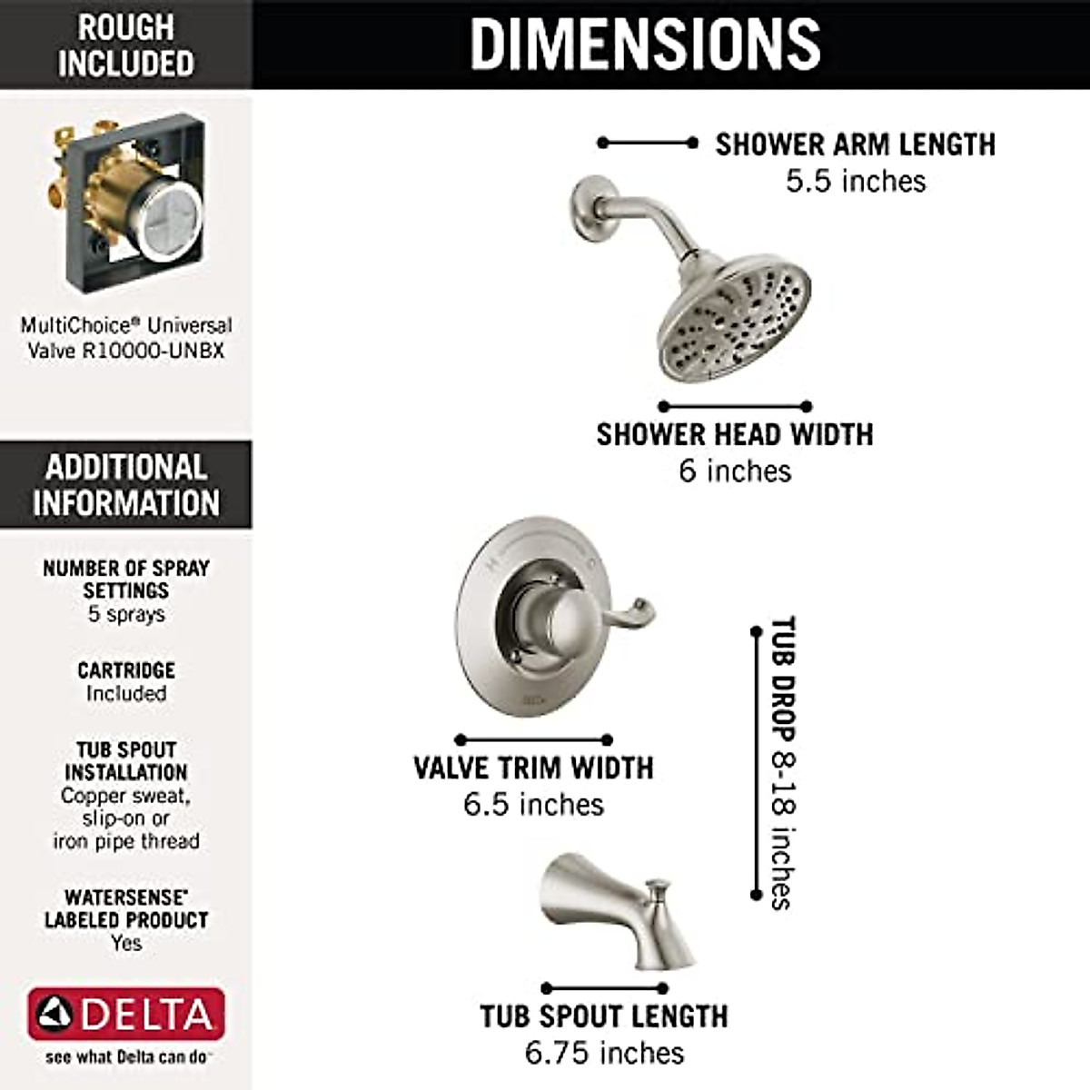 Delta Faucet Esato 14 Series Single-Handle Tub and Shower Trim Kit, Shower Faucet with 5-Spray H2Okinetic Shower Head, SpotShield Brushed Nickel 144897-SP (Valve Included)