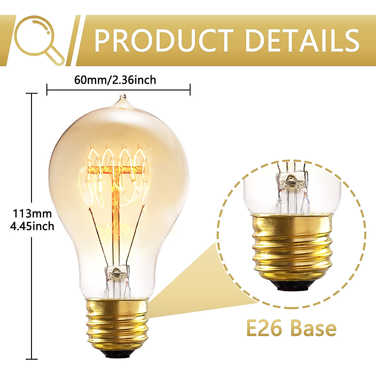 Figame A19 Edison Bulb 40W 6-Pack - Dimmable 120V Amber Glass, Antique Retro Style Old-Fashioned Incandescent Bulb, 2200K Warm Yellow Light, for Home Office Desk Lamp