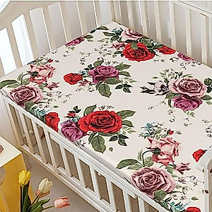 English Garden Themed Fitted Crib Sheet,Standard Crib Mattress Fitted Sheet Soft and Breathable Bed Sheets - Crib Mattress Sheet or Toddler Bed Sheet,28“ x52“,Champagne Multicolor