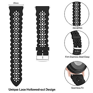 Lace Silicone Band 20mm Compatible for Samsung Galaxy Watch 4/5/6/Active Band 40MM 44MM,Galaxy Watch 4/6 Classic 46MM 42MM 43MM 47MM/Watch 5 Pro/Watch 3 41mm, Soft Silicone Strap for Women (black)