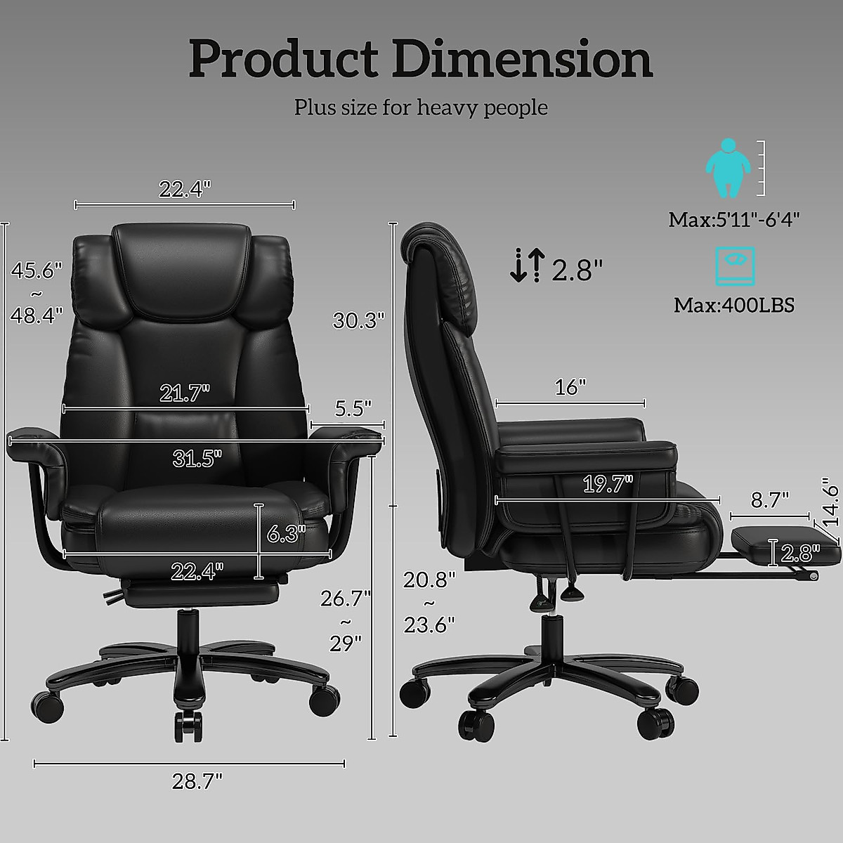 GYI Big and Tall Office Chair 400LBS with Wide Seat and Arms, 160° Reclining Office Chair with Footrest, Comfortable Executive Office Desk Chair High Back, Computer Chair Home Office