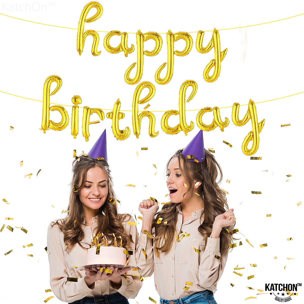 KatchOn, Iridescent Gold Fringe Curtain with Happy Birthday Balloon Banner - Pack of 3 | Happy Birthday Letter Balloons for Gold Birthday Decorations, Gold Streamers Party Decor | Gold Foil Curtains