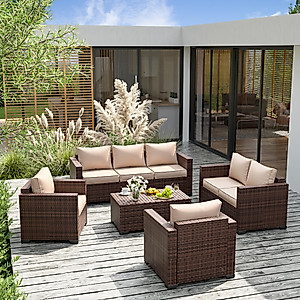 Amopatio Outdoor Patio Furniture Sets, 8 Pieces Outdoor Wicker Patio-Furniture, Outdoor Sectional Patio Set with Storage Table, Patio Conversation Set for Proch Garden Deck (Khaki)