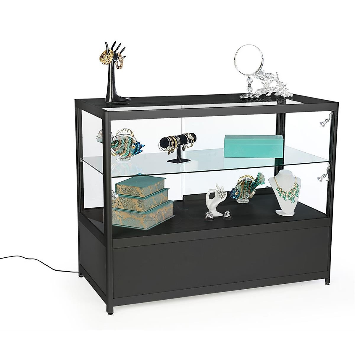 Displays2go 48 Inch Retail Showcase, w/Storage, LED Lights, Lockable Sliding Door - Black (SCTCT48LDB)