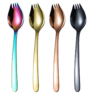 KAISHANE 4-Pack Stainless Steel Sporks 18/10, 6.06-Inch, Multifunctional Utensil for Kids & Home, Colorful Ice Cream Spoon, Salad Fork, Fruit & Dessert Serving, Easy-to-Clean