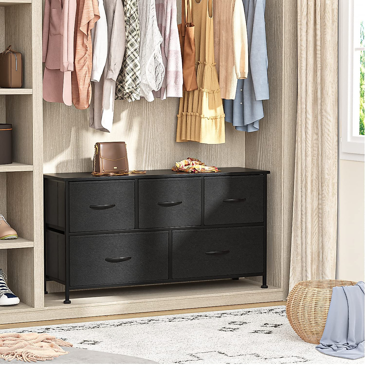 Furmax Dresser for Bedroom with 5 Drawers, Wide Chest of Drawers, Fabric Closet Dresser, Clothing Storage Organizer Unit with Fabric Bins, for Closet, TV Stand, Living Room, Hallway, Black