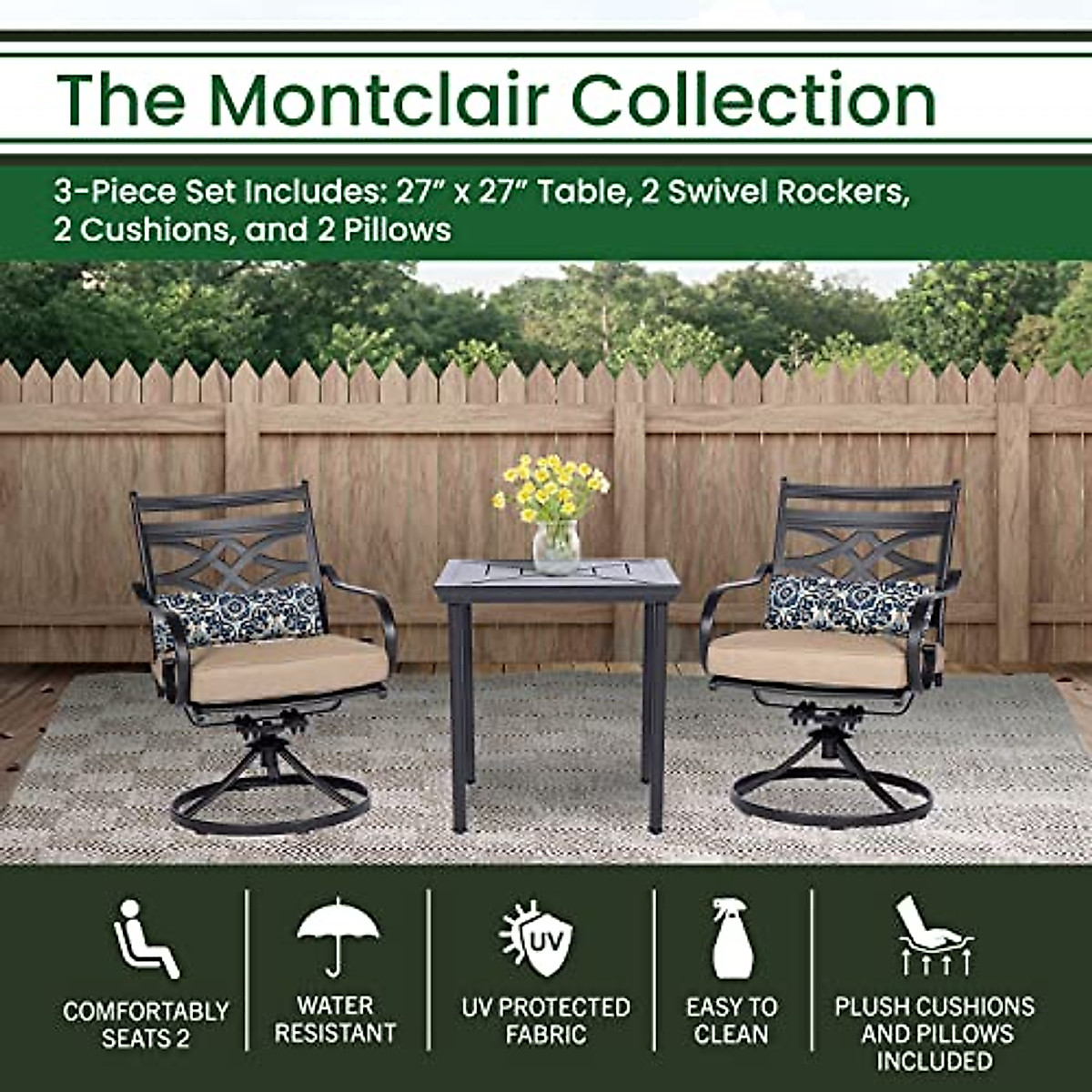 Hanover Montclair 3-Piece All-Weather Outdoor Patio Bistro Dining Set, 2 Swivel Rocker Chairs with Comfortable Seat and Lumbar Cushions, 27" Square Stamped Rectangle Table, Tan