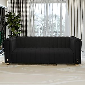 yunqishi 81.3" Modern Black Velvet Couch for Living Room, Upholstered Comfy 3 Seater Office Sofa with High Armrest and Gold Metal Legs (Black 81")