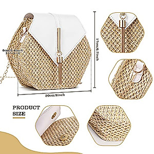 3 Pcs Women's Crossbody Straw Bag Straw Shoulder Bag Bohemia Rattan Tassel Earrings Pendant Tassel Long Hollowed Out Necklace (White)
