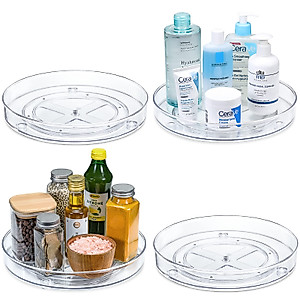 Set of 4, 9 Inch Clear Non-Skid Lazy Susan Organizers + Set of 8, Stackable Clear Bins with Removable Dividers - Pantry Food Snack Organization and Storage - Multi-Purpose Plastic Home Organizer