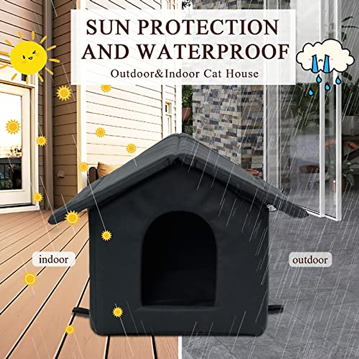 ZWARMY Outdoor Cat House Waterproof - Outside Cat House for Any Weather,Feral Cat Shelter with Waterproof Material for Outdoor and Indoor, Weatherproof Warm Cat Bed 11.8x17.32x12.59Inches（Small,Black）