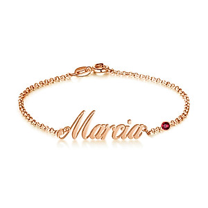 Personalized Name Bracelet or Anklet Bracelet with CZ birthstone 925 Sterling Silver /14K Custom Names Tiny Bar Bracelet Dainty Jewelry Birthday Gifts for Women， 7"+1.5"
