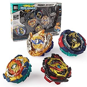 ROKK NOW Metal Fury | Bey Battle Burst Gyro Attack Metal Spinning Tops with Starter Battle Arena, Launchers & Includes 4 Battling Metal Gyro Blades for Adults & Children, Boys & Girls (26A)