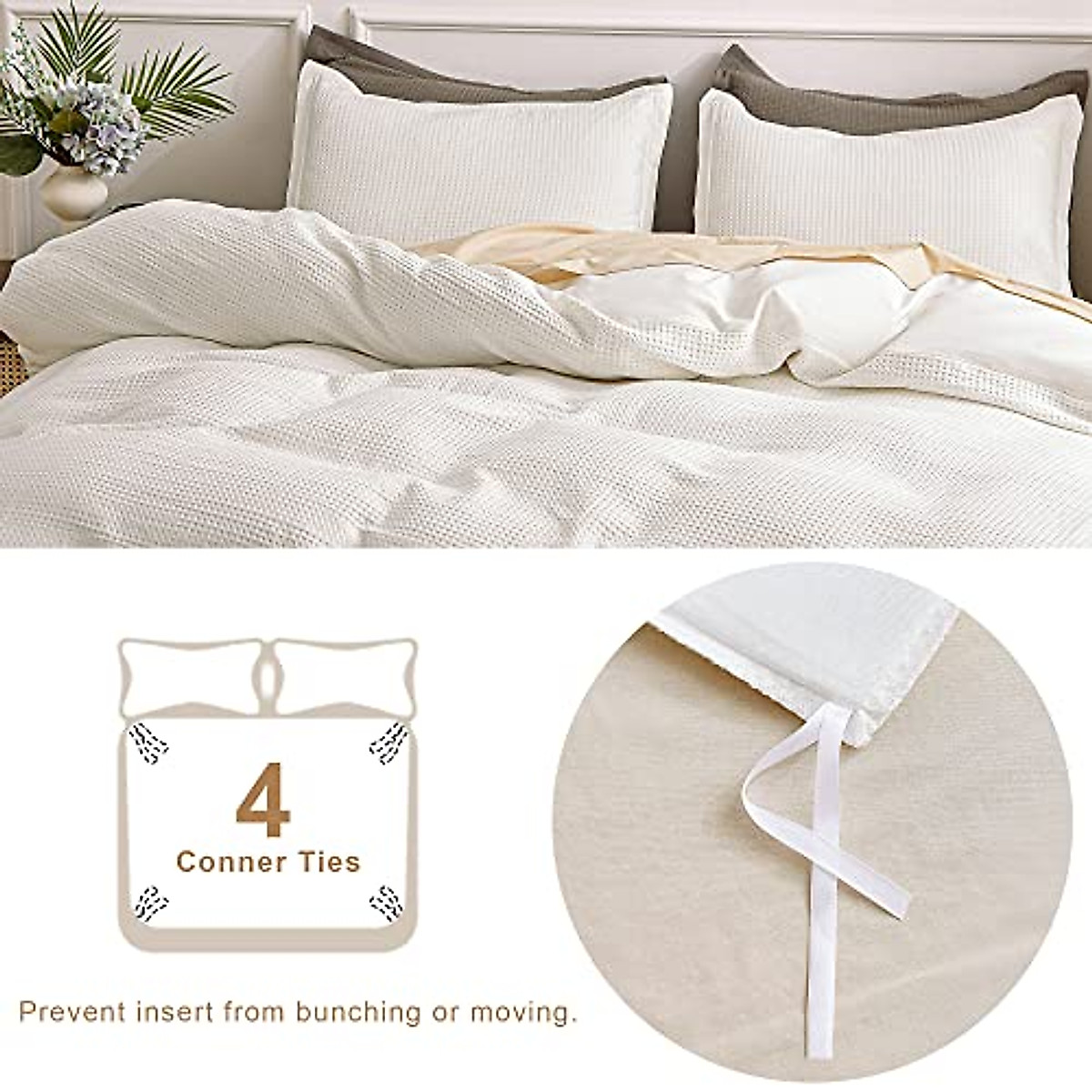 MADELUO 100% Cotton Duvet Cover Queen, Waffle Weave White Duvet Cover Set, Soft Breathable Luxury Comforter Cover Bedding Set with 4 Corner Ties & Zipper Closure (White, Queen(90"x 90"))