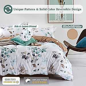 MILDLY 100% Egyptian Cotton Duvet Cover Set 2pcs Teal Blue Green Leaf Pattern Printed Twin Size for Kid Girl Teen Botanical Plant Reversible Soft & Breathable Unique Design Bedding Set (No Comforter)