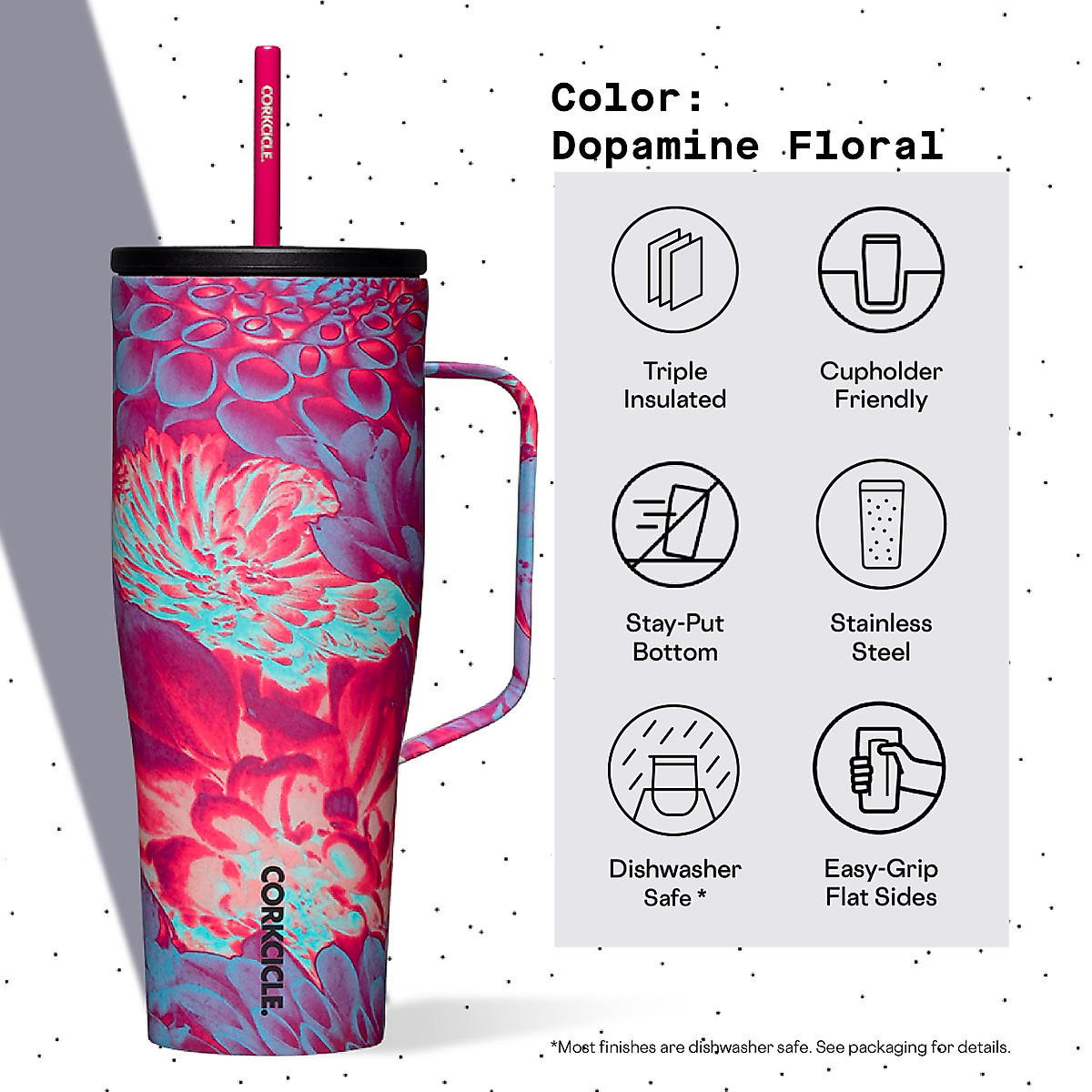 Corkcicle Cold Cup XL Insulated Tumbler with Handle, Lid, & Straw, Dopamine Floral, 30 oz – Reusable Cupholder Friendly Water Bottle Keeps Drinks Cold 12hrs