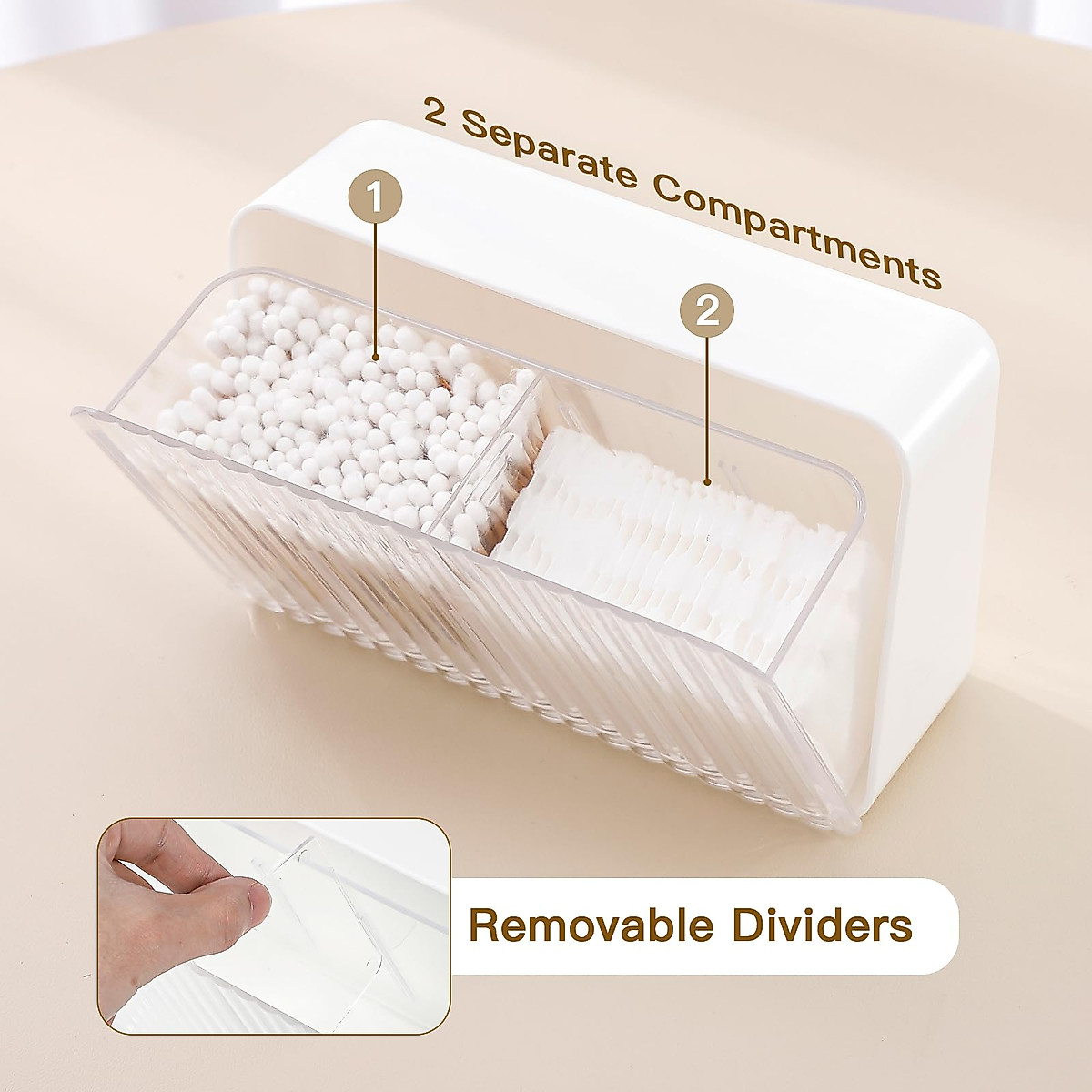 FABROK 2Pcs Wall Mounted Storage Organizer for Cotton Pads, Qtip Holder Dispenser with 2 Compartments, Bathroom Vanity Storage Canister for Cotton Swab, Makeup Pads, Hair Clips, Hair Ties(White-2PCS)