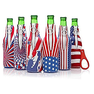 Beer Bottle sleeves - Set of 6 Zipper American Flag Theme Coolies - Extra Thick Neoprene - Fully stitched, Non-Glued Base - Bonus Bottle Opener - Trendy & Awesome Gift or Hosting Item #6USF